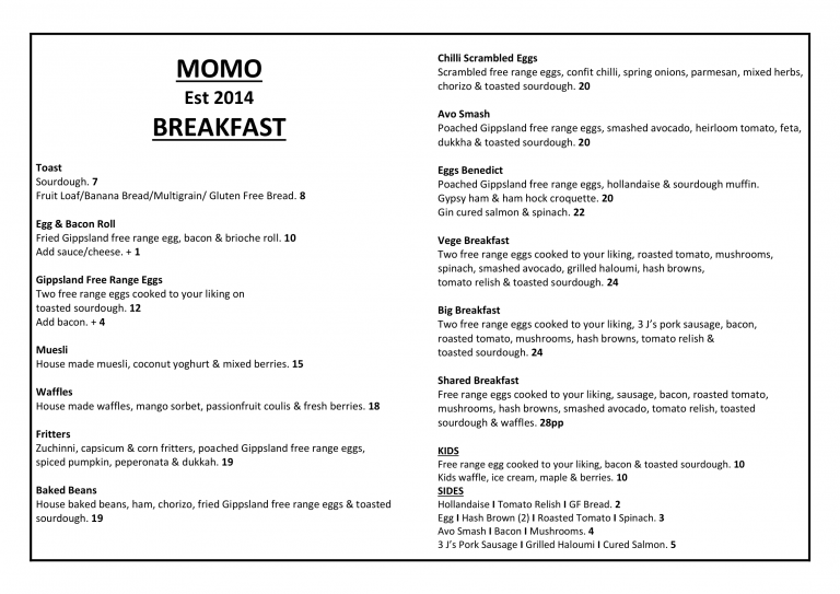 Momo Menus - Momo Traralgon