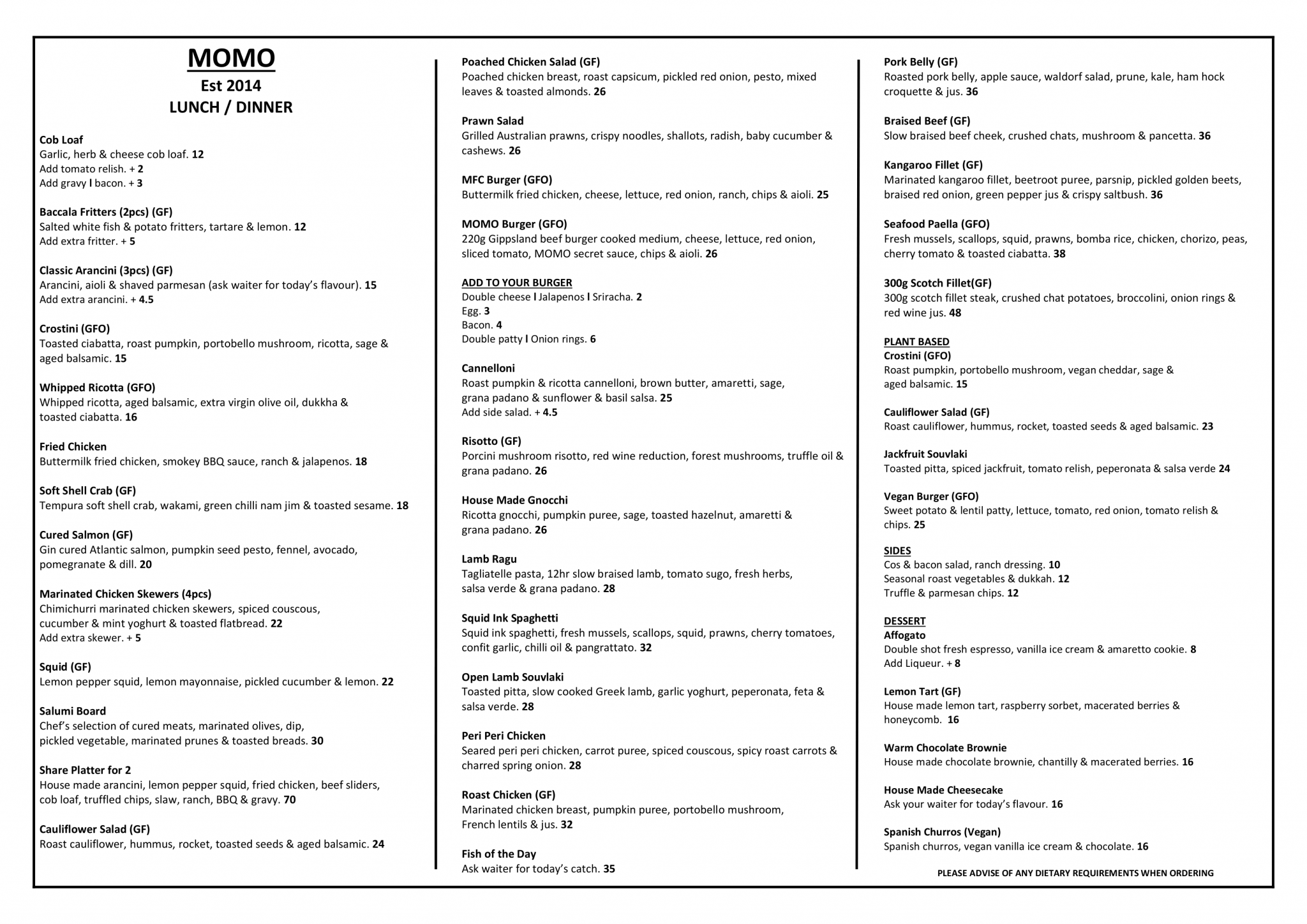 Momo Menus - Momo Traralgon