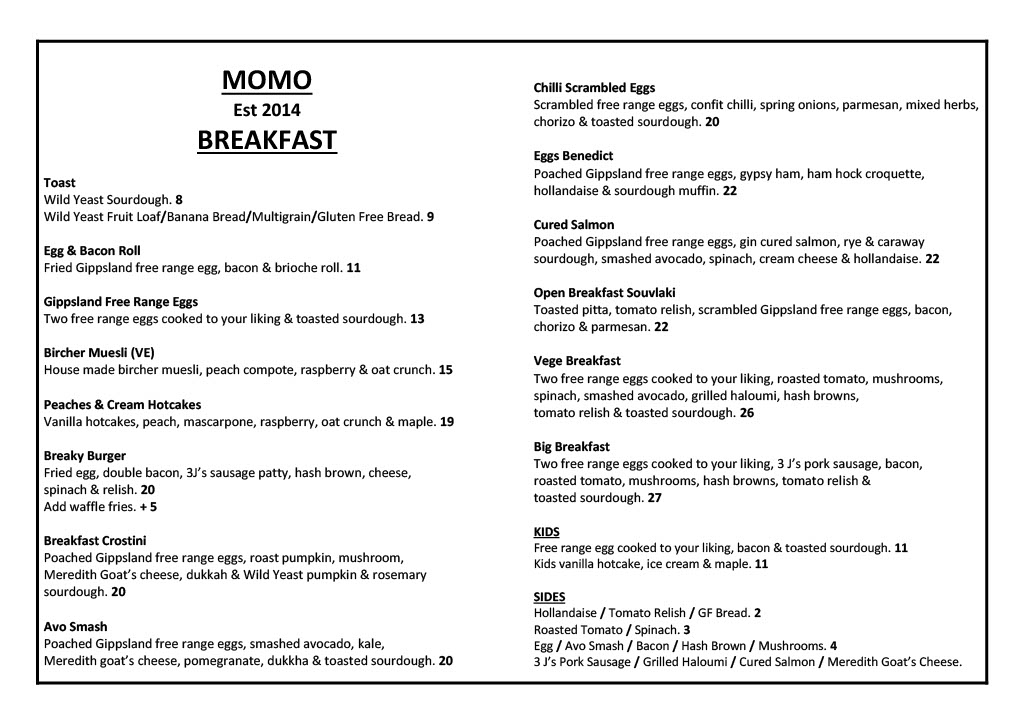 Momo Menus - Momo Traralgon