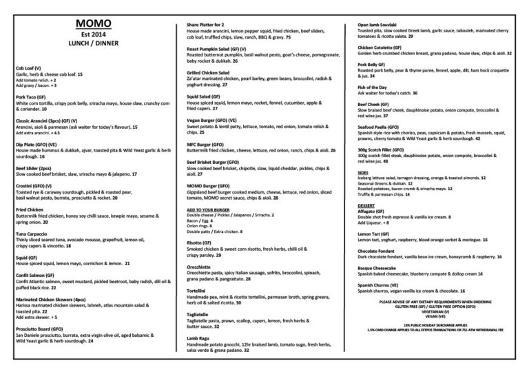 Momo Menus - Momo Traralgon