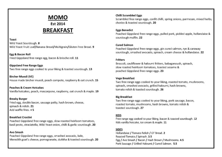Momo Menus - Momo Traralgon