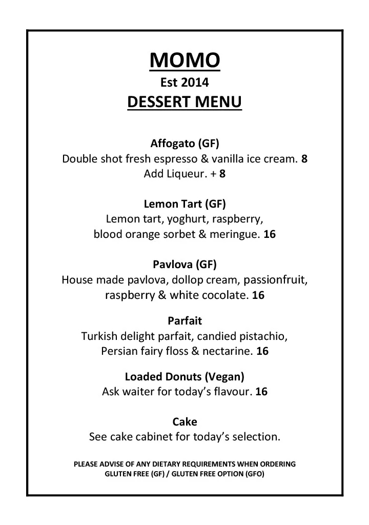 Momo Menus - Momo Traralgon