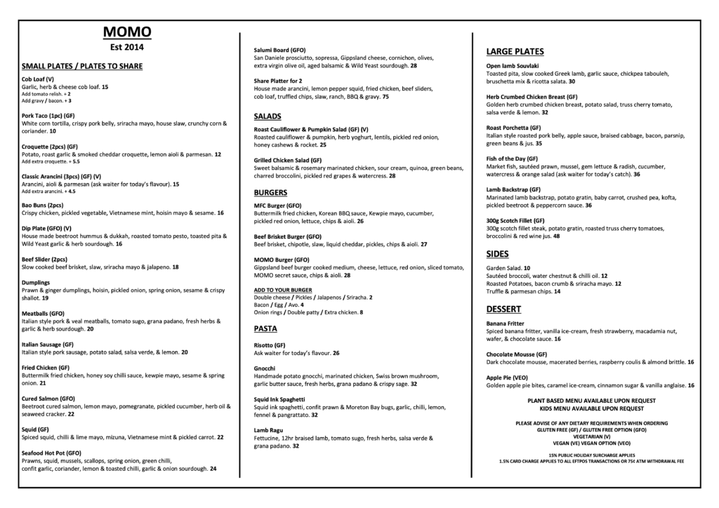 Momo Menus - Momo Traralgon