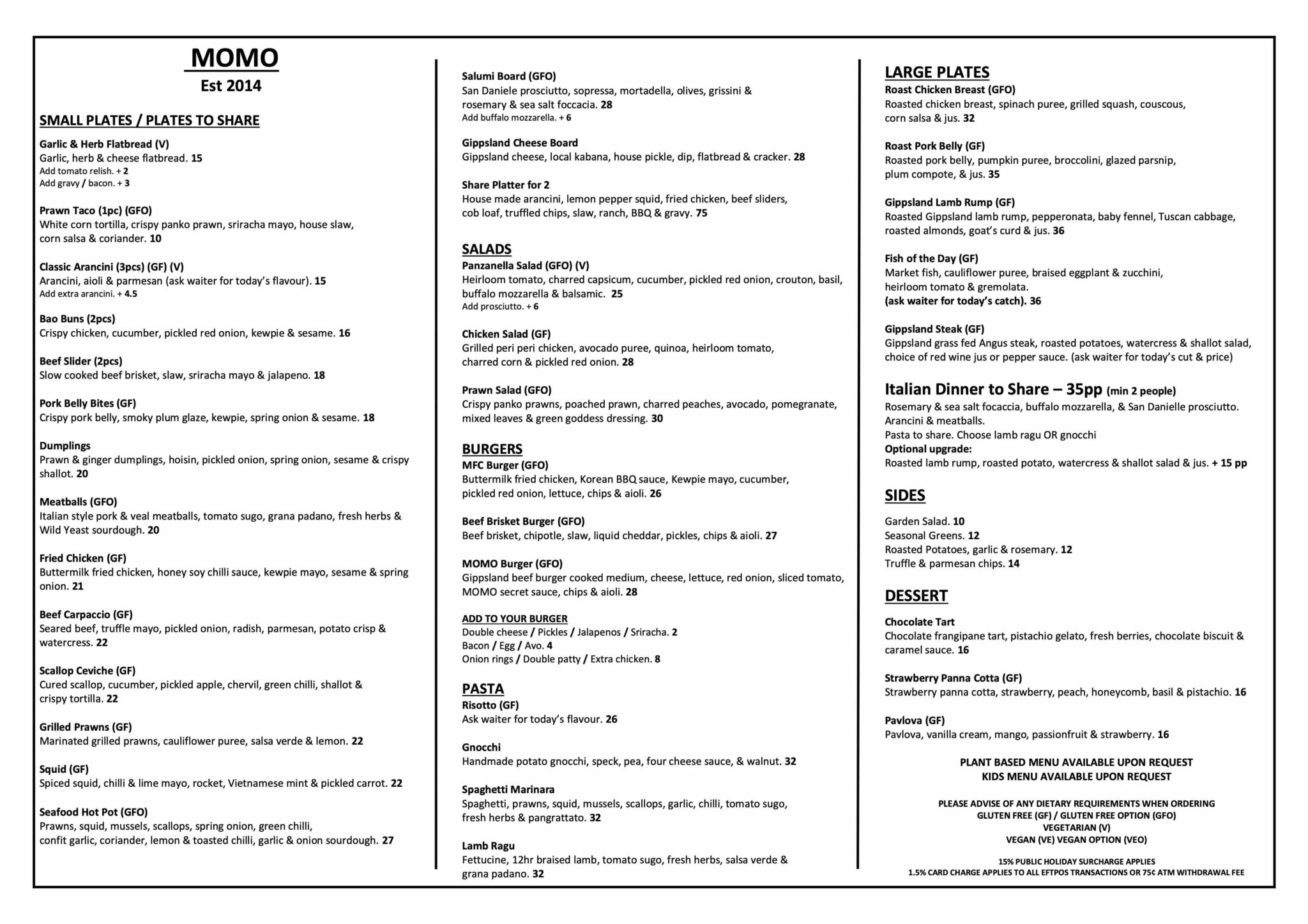 Momo Menus - Momo Traralgon
